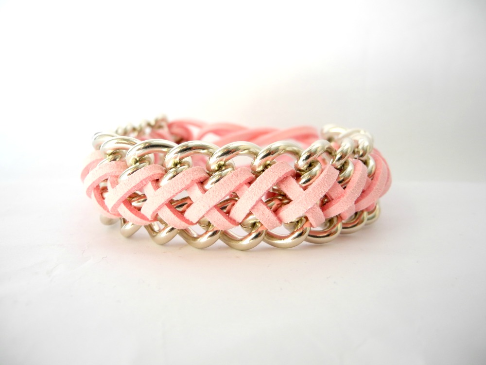 Braided Bracelet,silver Chain Bracelet,pink Suede And Chain Bracelet ...